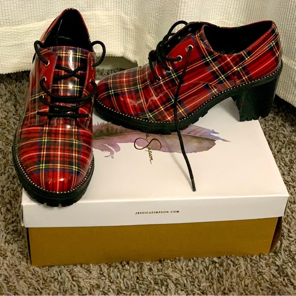 Jessica Simpson | Shoes | Red Plaid Jessica Simpson Size 7 Block Heels ...